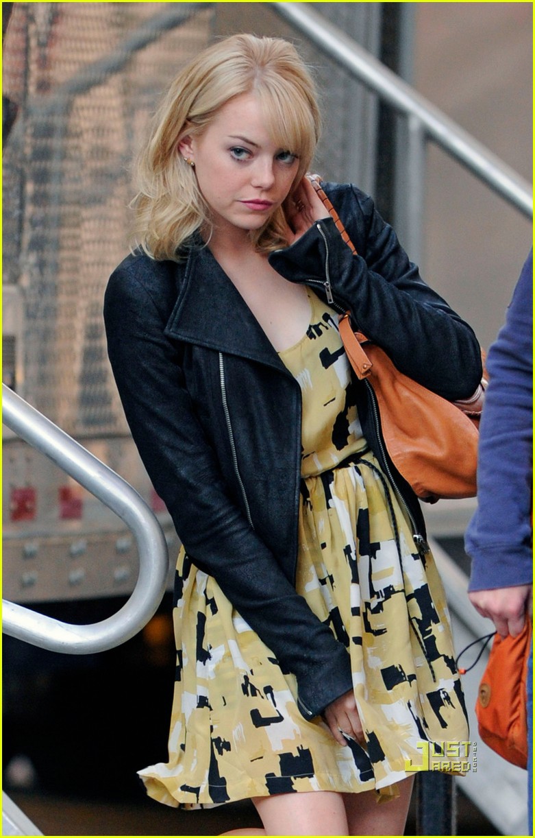 Full Sized Photo Of Emma Stone Yellow Dress Amazing Spider Man Set 01 Emma Stone Filming