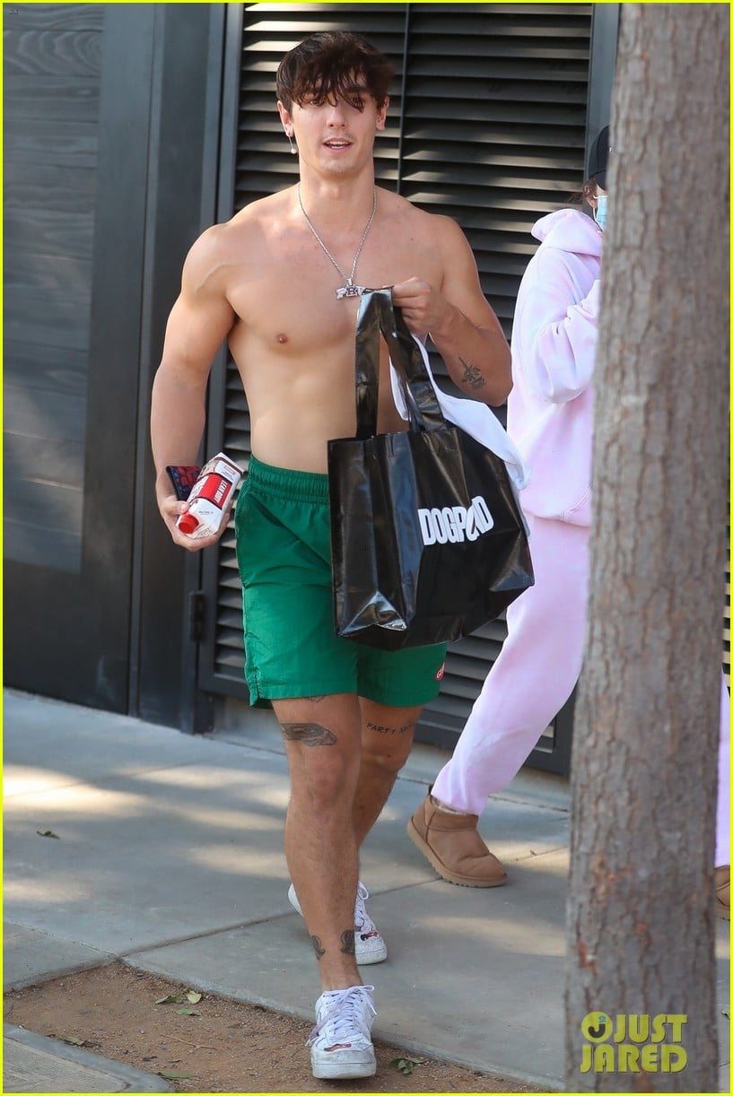 Full Sized Photo of bryce hall leaves the gym shirtless with addison ...