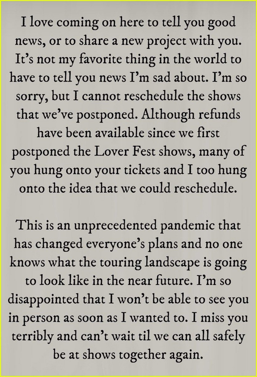 Taylor Swift Announces 'Lover Fest' Is Officially Canceled | Photo ... Taylor Swift Announces 'Lover Fest' Is Officially Canceled | Photo ...