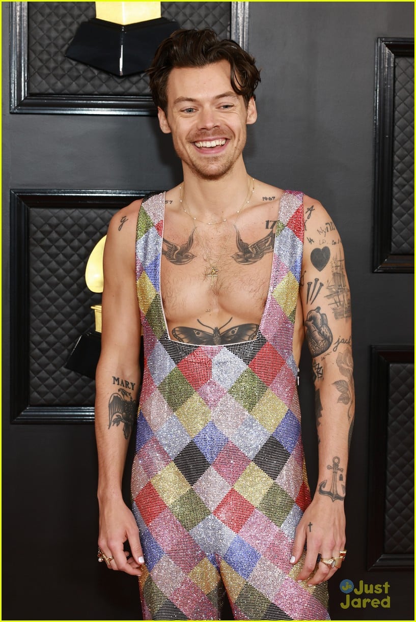 Full Sized Photo of harry styles dons a sparkly jumpsuit at grammys ...